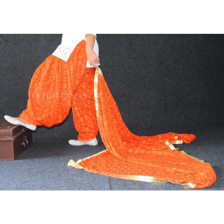 Orange Phulkari Patiala Salwar with matching Dupatta PHS23 - muteyaar.com